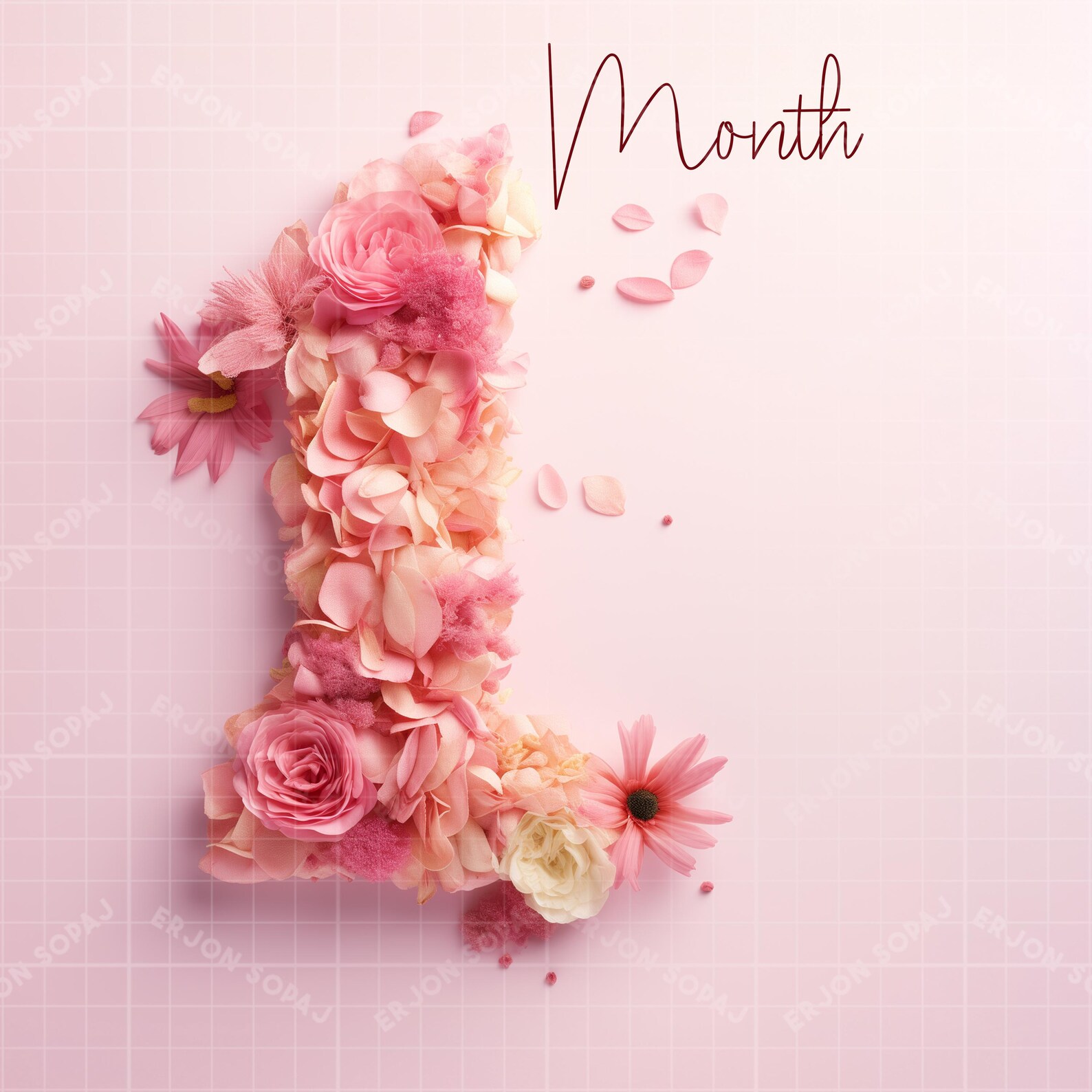 12 Baby Girl First Twelve Months Digital Backdrop, Rose Petal Numbers ...