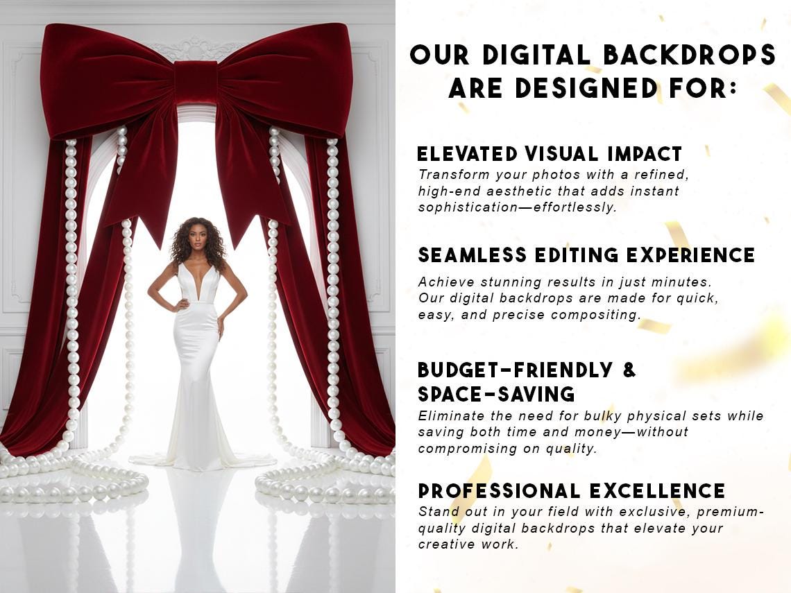 Red Velvet Bow Garland Digital Backdrop, Elegant Studio Background ...