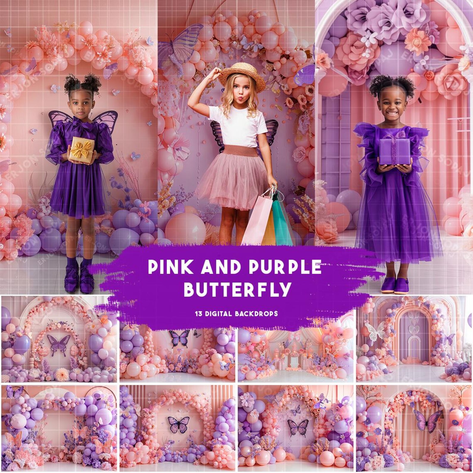 Pink and Purple Butterfly Digital Background, Birthday Digital ...