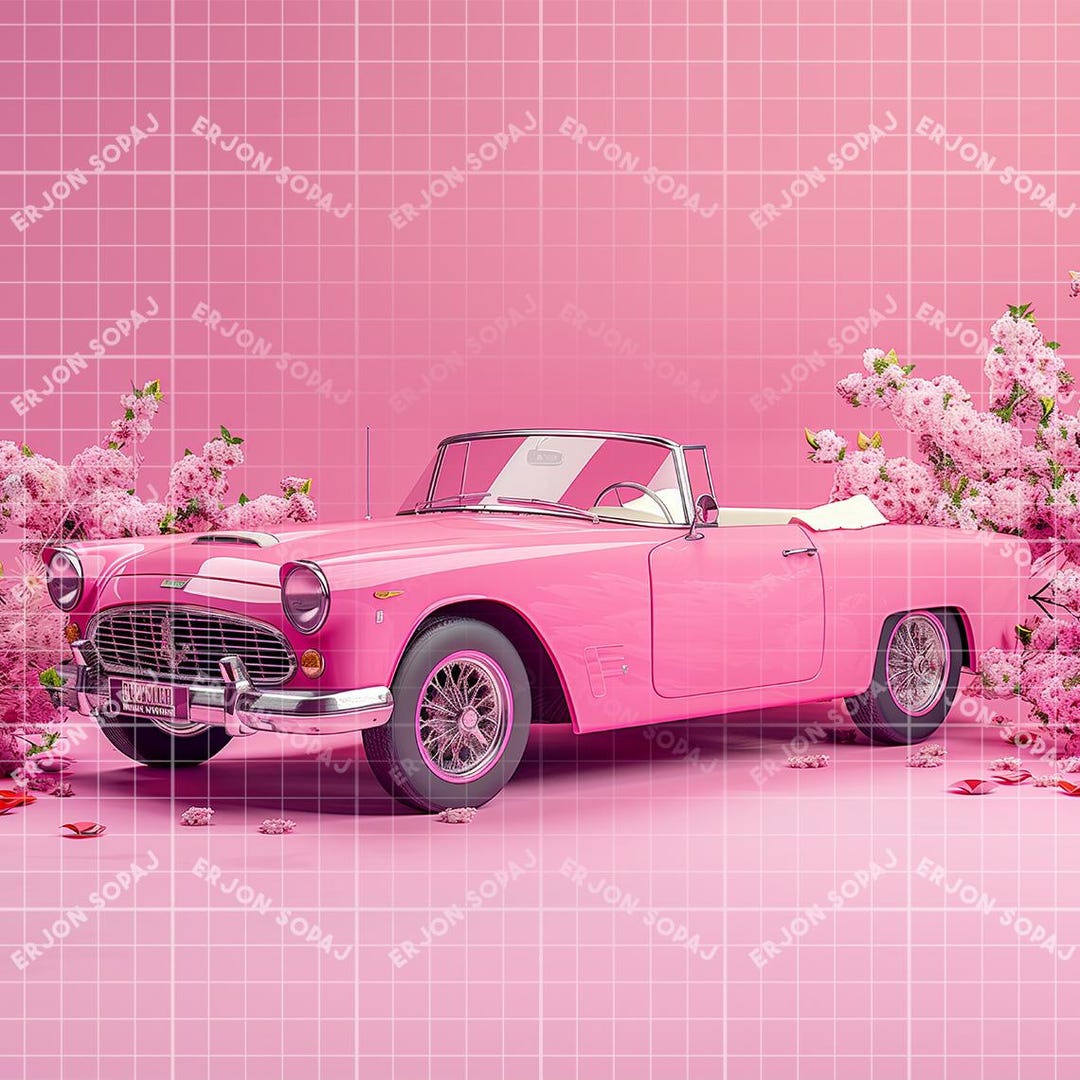 Pink Vintage Car Digital Backdrop, Spring Blossoms, Floral Photography ...