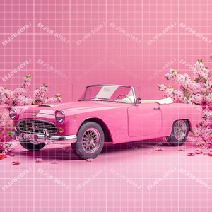 Pink Vintage Car Digital Backdrop, Spring Blossoms, Floral Photography ...