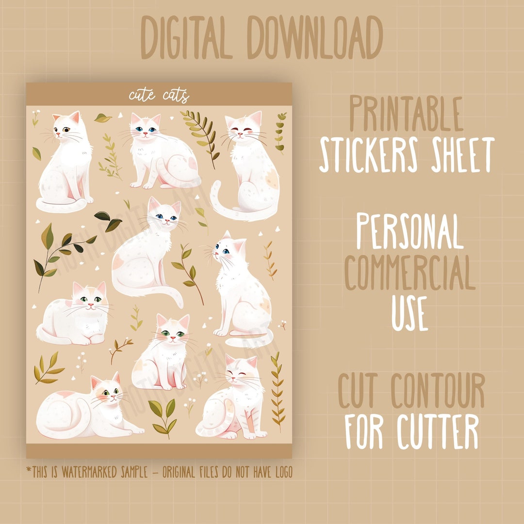 Printable Sticker Sheet | Cute Cats | PNG | Commercial Use | Digital ...