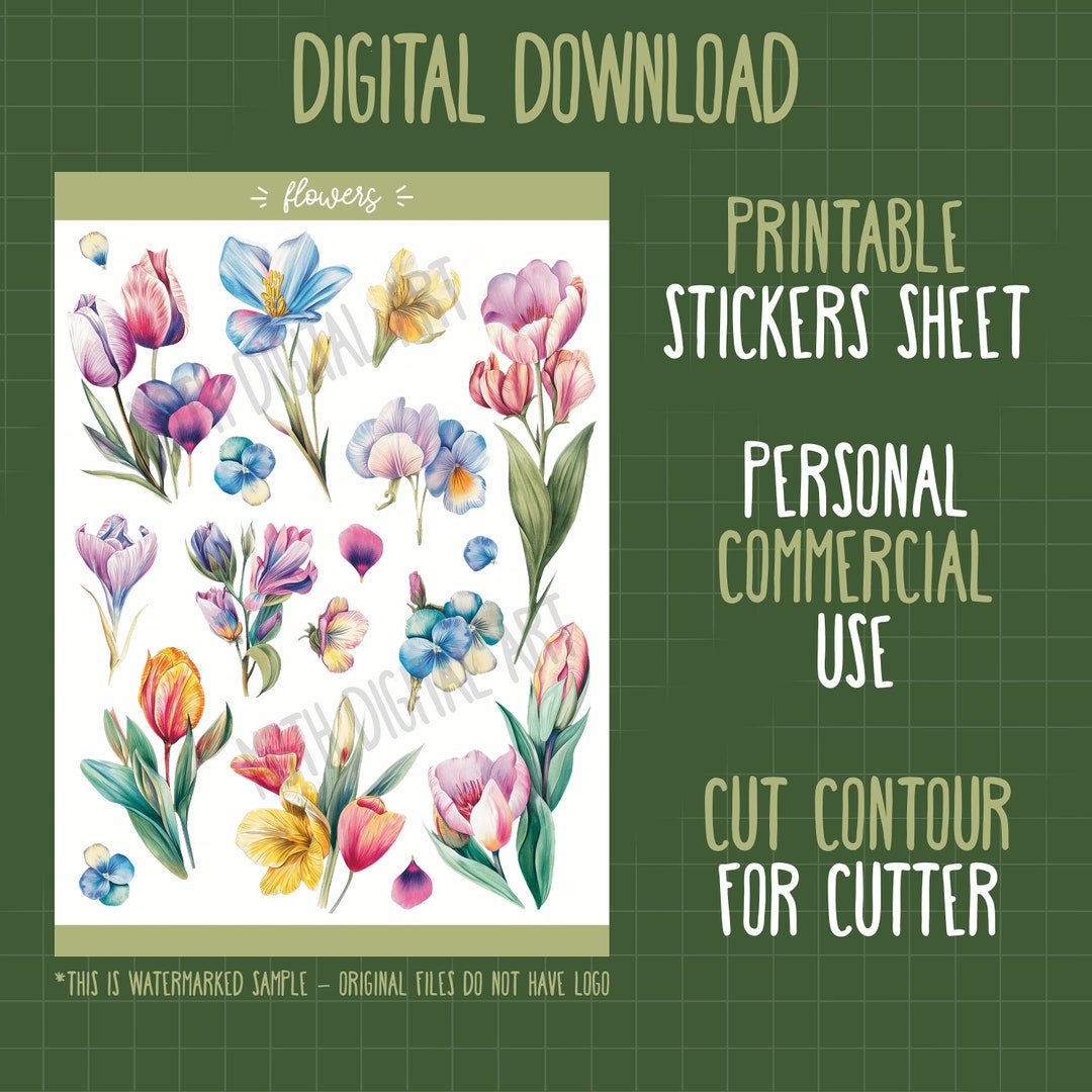 Printable Sticker Sheet | Flowers| Botanical | PNG | Commercial Use ...