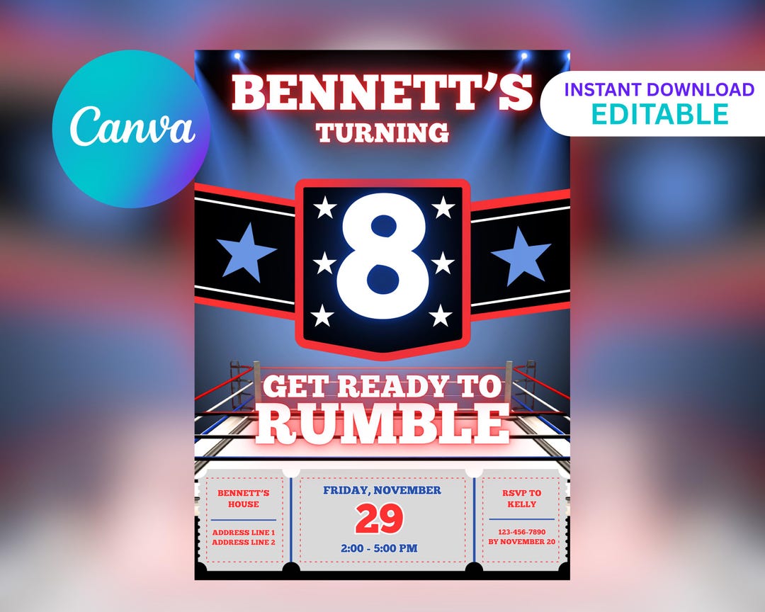 Ready to Rumble Birthday Invitation: Editable Wrestling Party Template ...