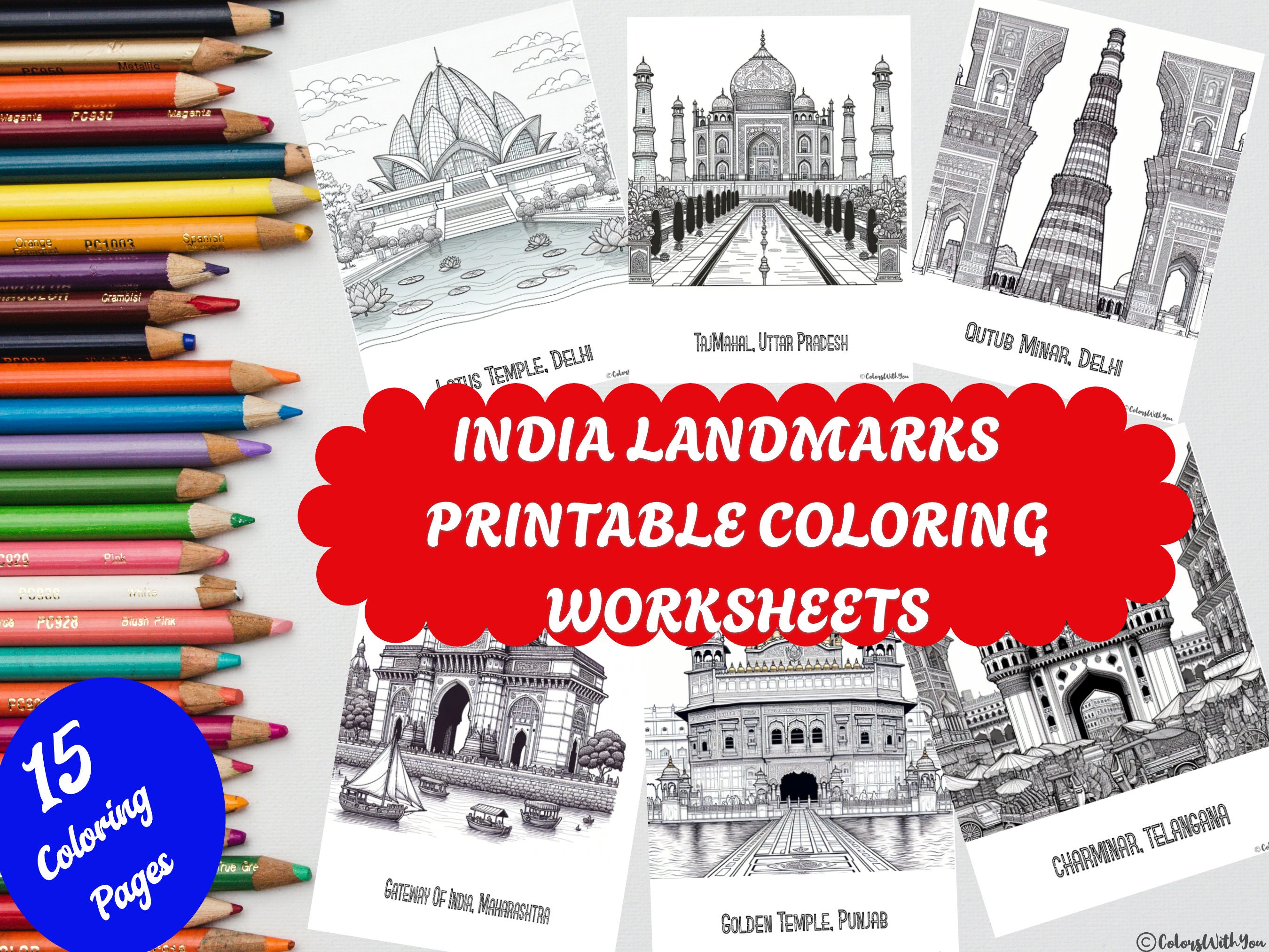 India Landmarks, Coloring Pages for Kids and Adults, Geography ...