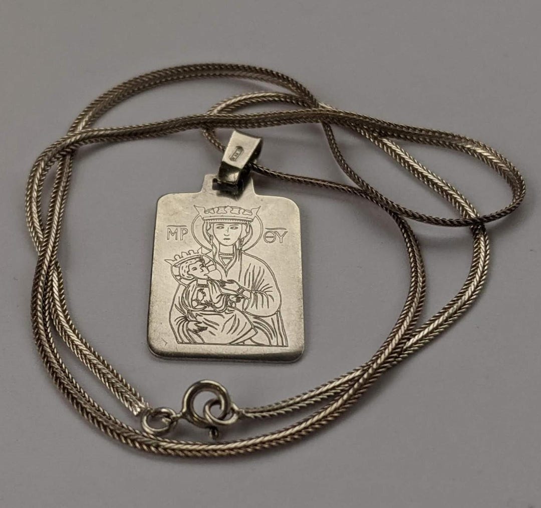 Vintage 925 Silver Virgin Mary Icon Pendant Necklace on Wheat Chain ...