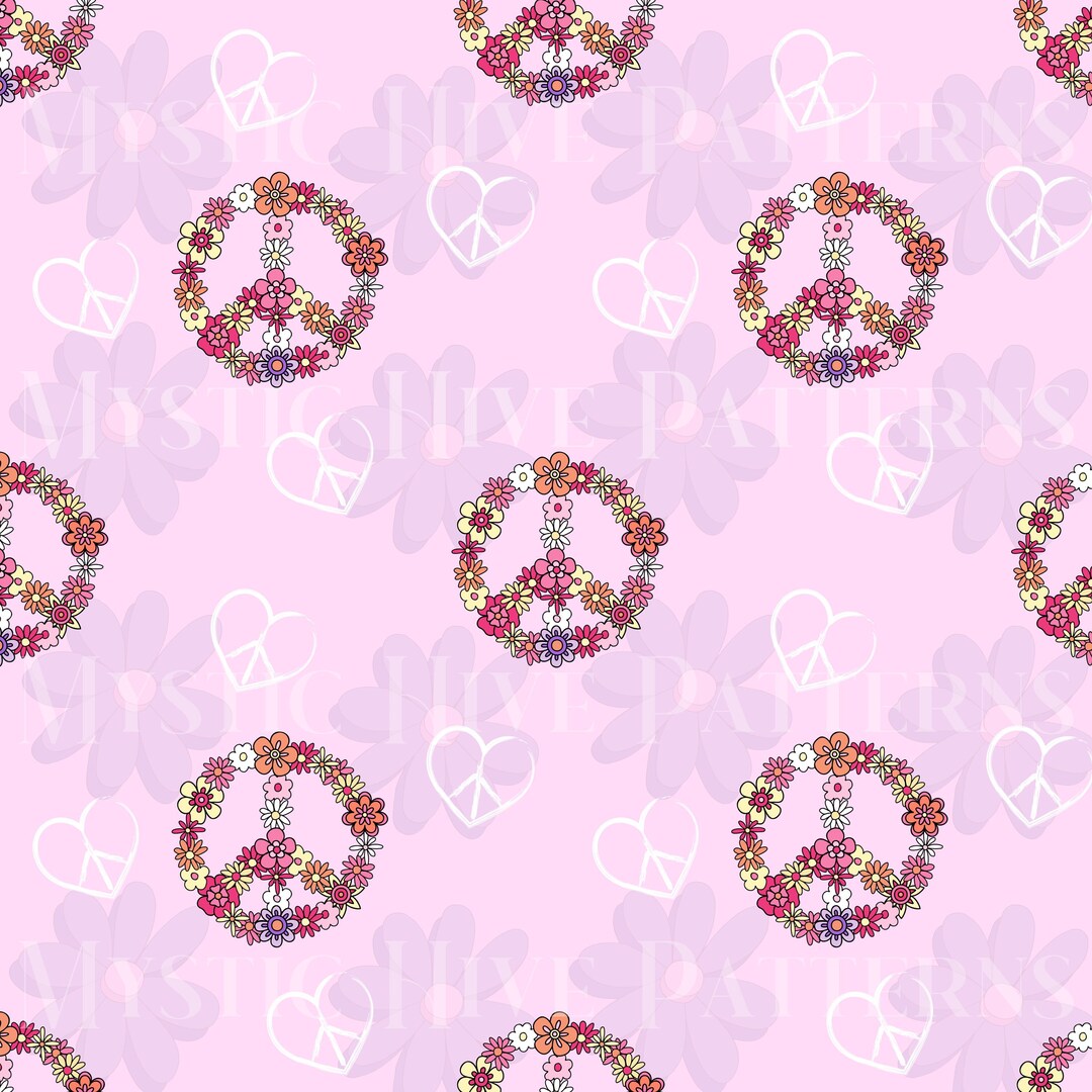Peace Sign Groovy Floral Seamless File, Heart Peace Sign Purple Flower ...