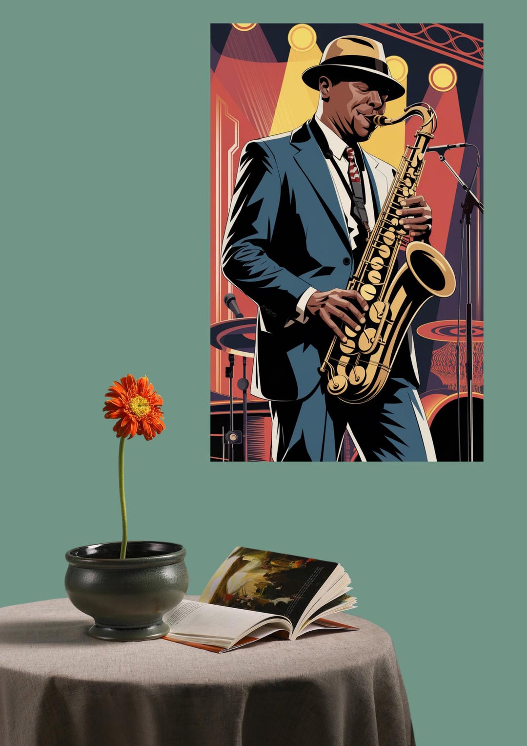 Art Deco Jazz Band Poster Sax - Vintage Jazz Sax Player Art Print Scene ...