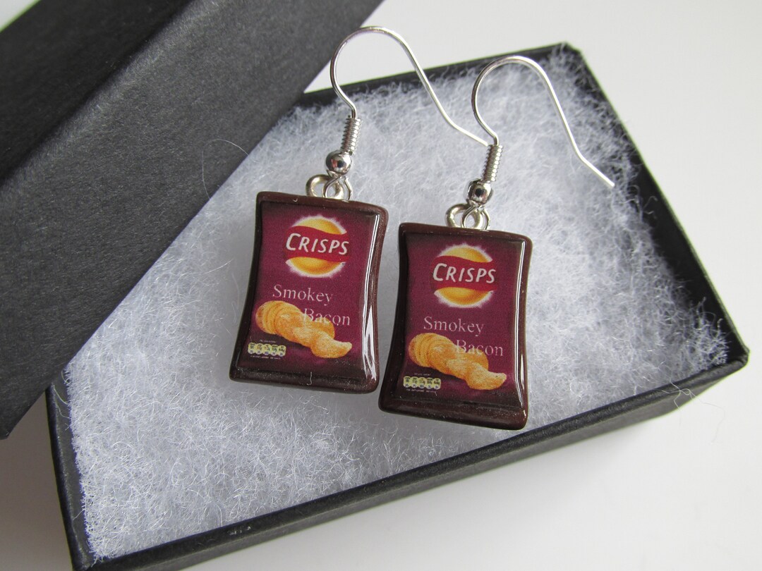 Handmade Miniature Smokey Bacon Crisp Crisps Packet Dangle Earrings ...