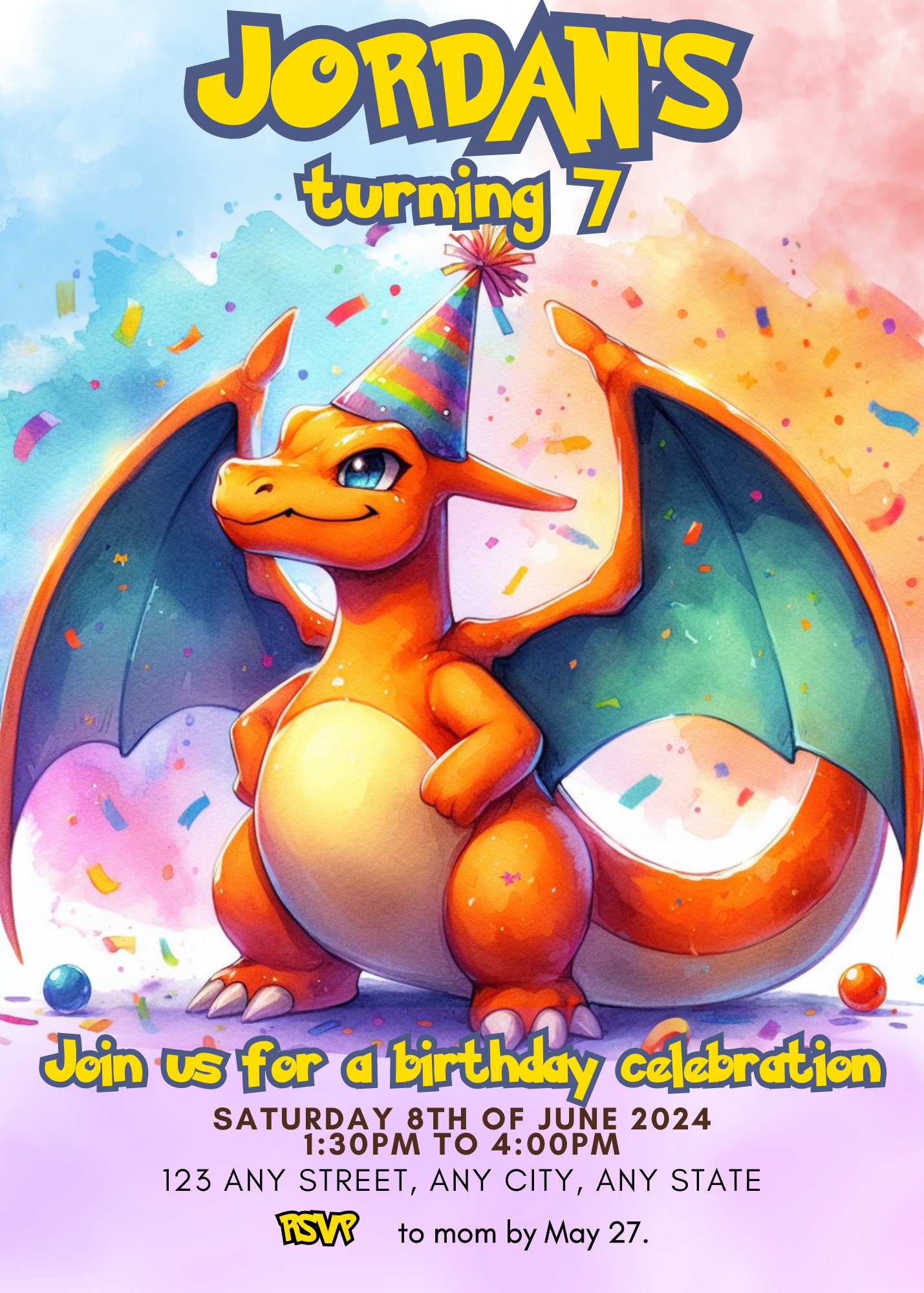 Charizard Birthday Invitation Pokémon Party Digital Download DIY Canva ...