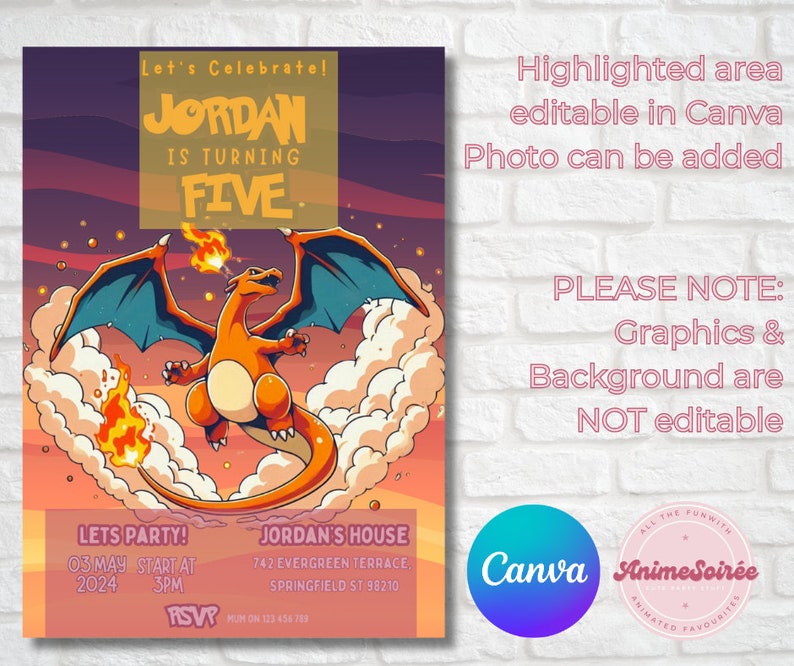 Invitación EDITABLE de Charizard, Pokémon personalizado, Invitación 5 x ...
