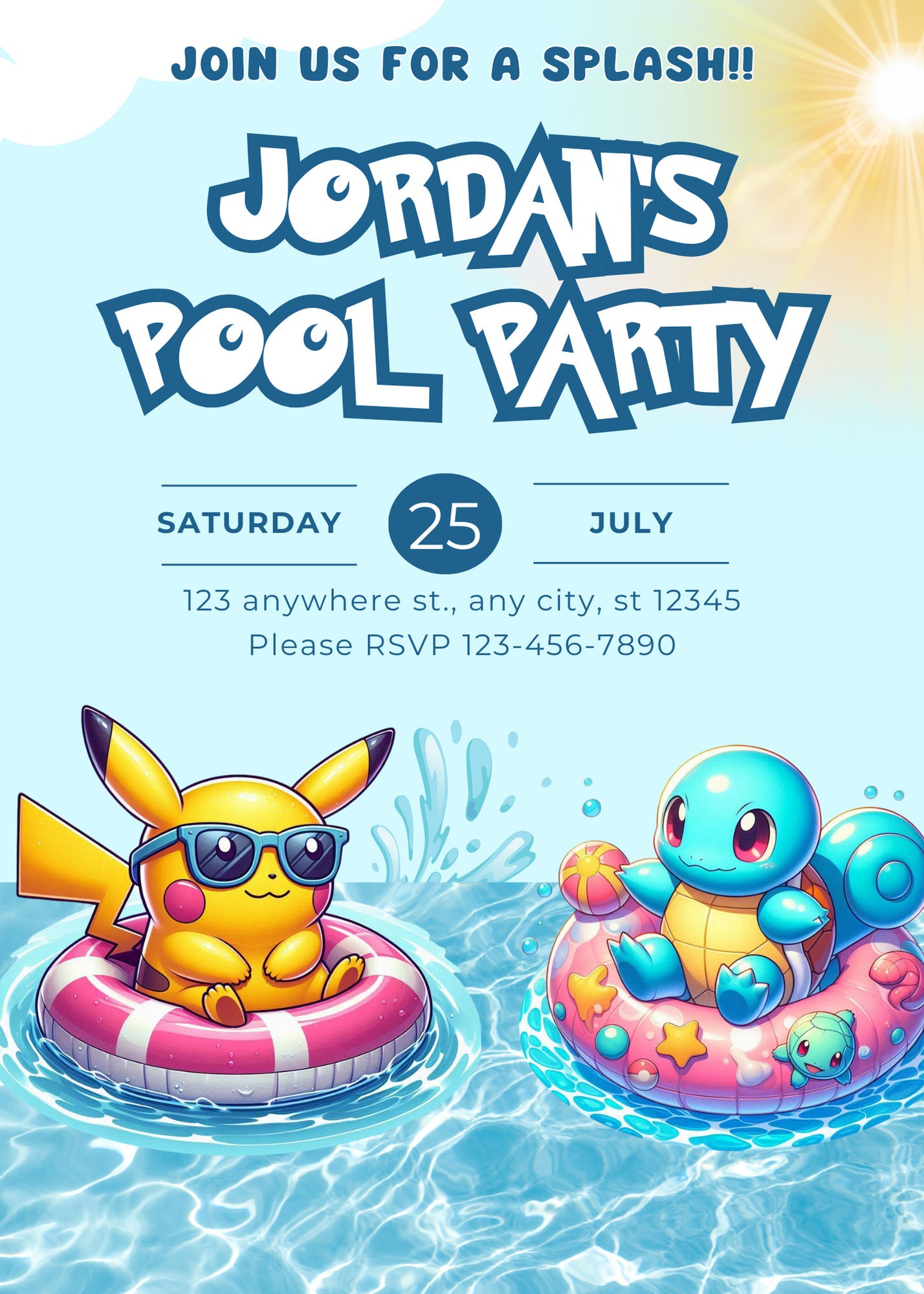 Pokémon Pool Party, Canva Template, Squirtle, Pikachu, Pool Party ...