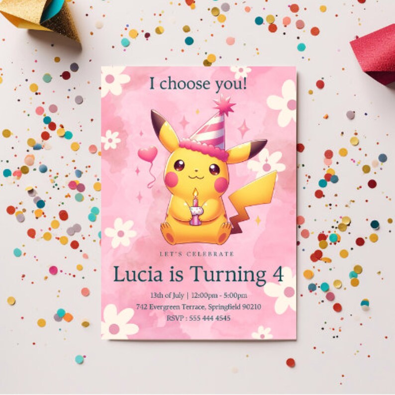 Pikachu Invitation, Canva Template, Editable Invite, Girl Pokemon Girl ...