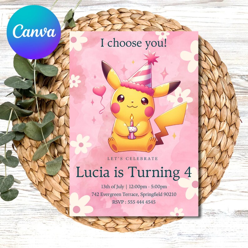 Pikachu Invitation, Canva Template, Editable Invite, Girl Pokemon Girl ...