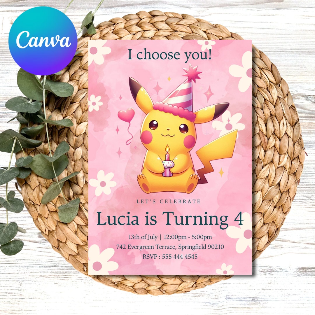 Pikachu Invitation, Canva Template, Editable Invite, Girl Pokemon Girl ...