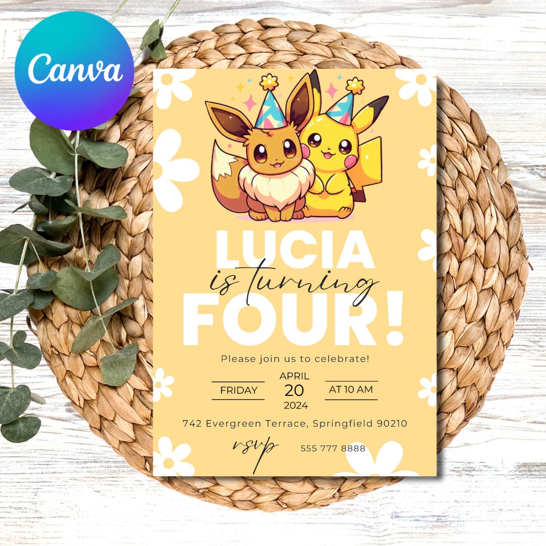 Pikachu and Eevee Invitation, Canva Template, Digital Download Invite ...