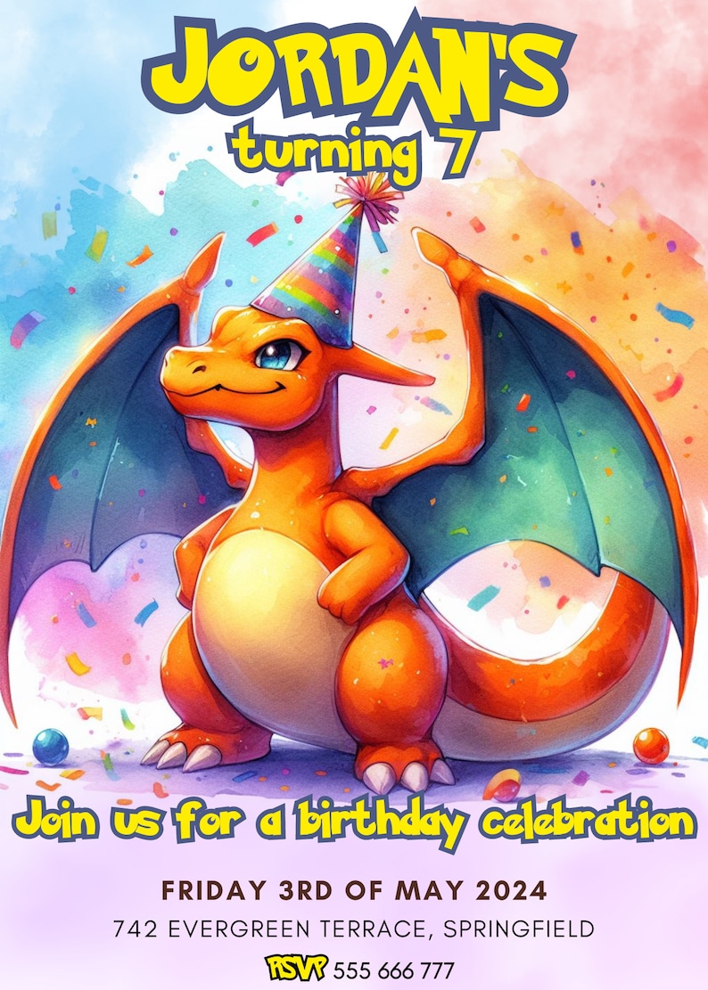 Charizard Birthday Invitation Pokemon Party - Etsy