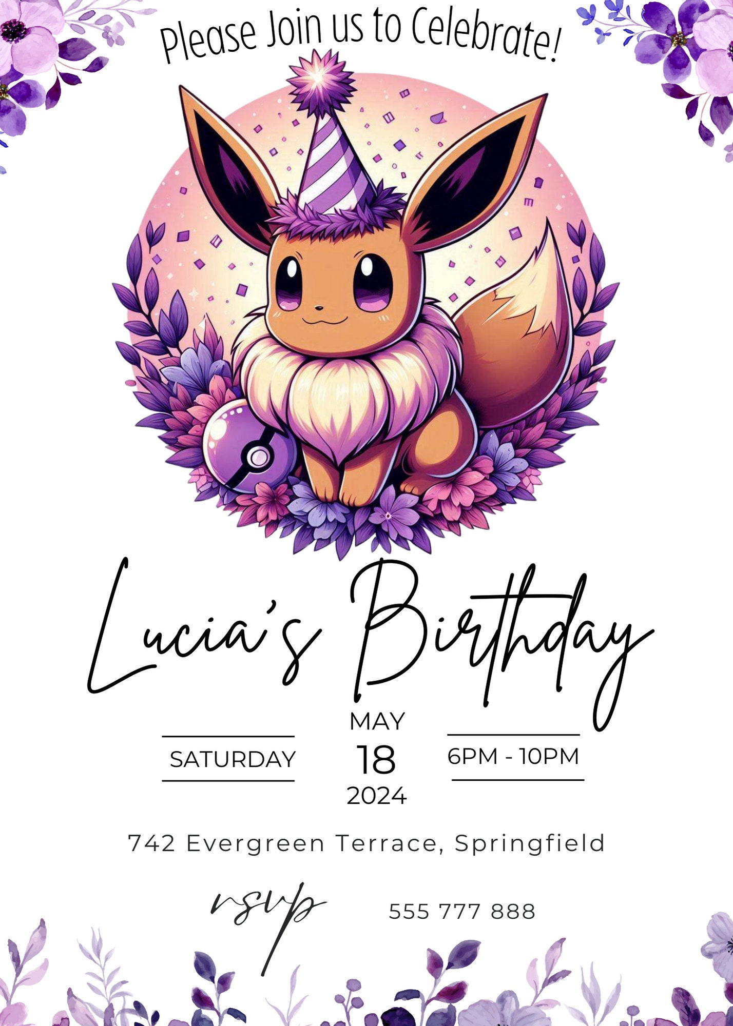 Cute Eevee Pokemon Invitation, Girl Pokemon Invitation, Birthday Party ...