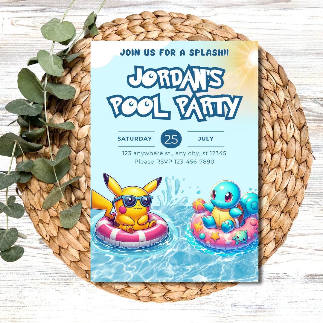 Pokémon Pool Party, Squirtle, Pikachu, Pool Party Invitation, 5 X 7 ...
