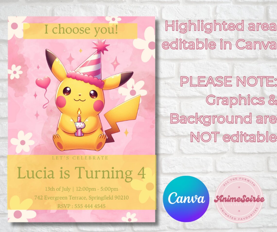 Pikachu Invitation, Canva Template, Editable Invite, Girl Pokemon Girl ...