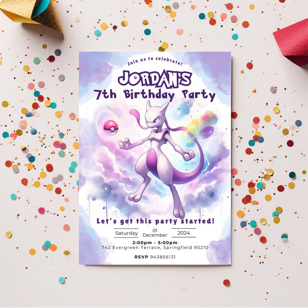 Mewtwo Invitation, Canva Template, Pokemon Party, 5x7 Instant Digital ...