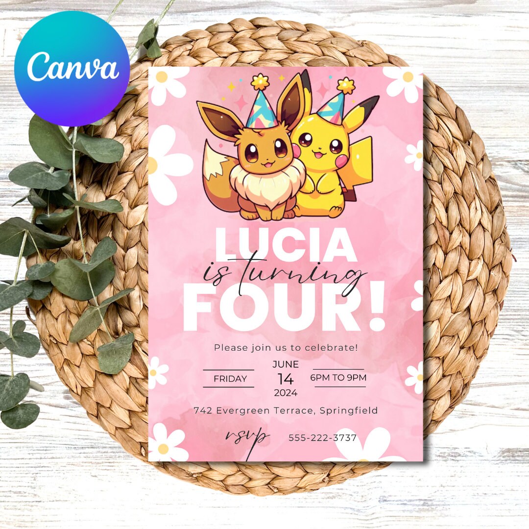 Editable Eevee and Pikachu Pokemon Birthday Invitation Canva Template ...