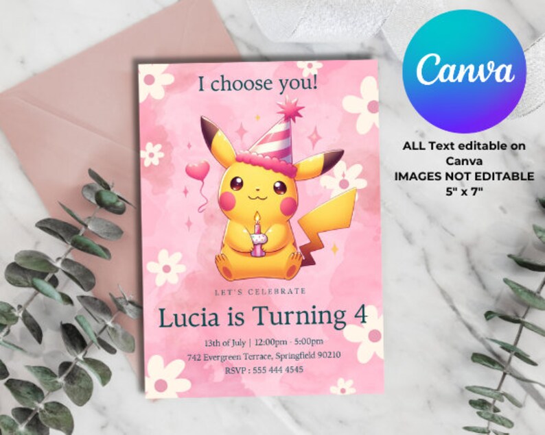 Pikachu Invitation, Canva Template, Editable Invite, Girl Pokemon Girl ...
