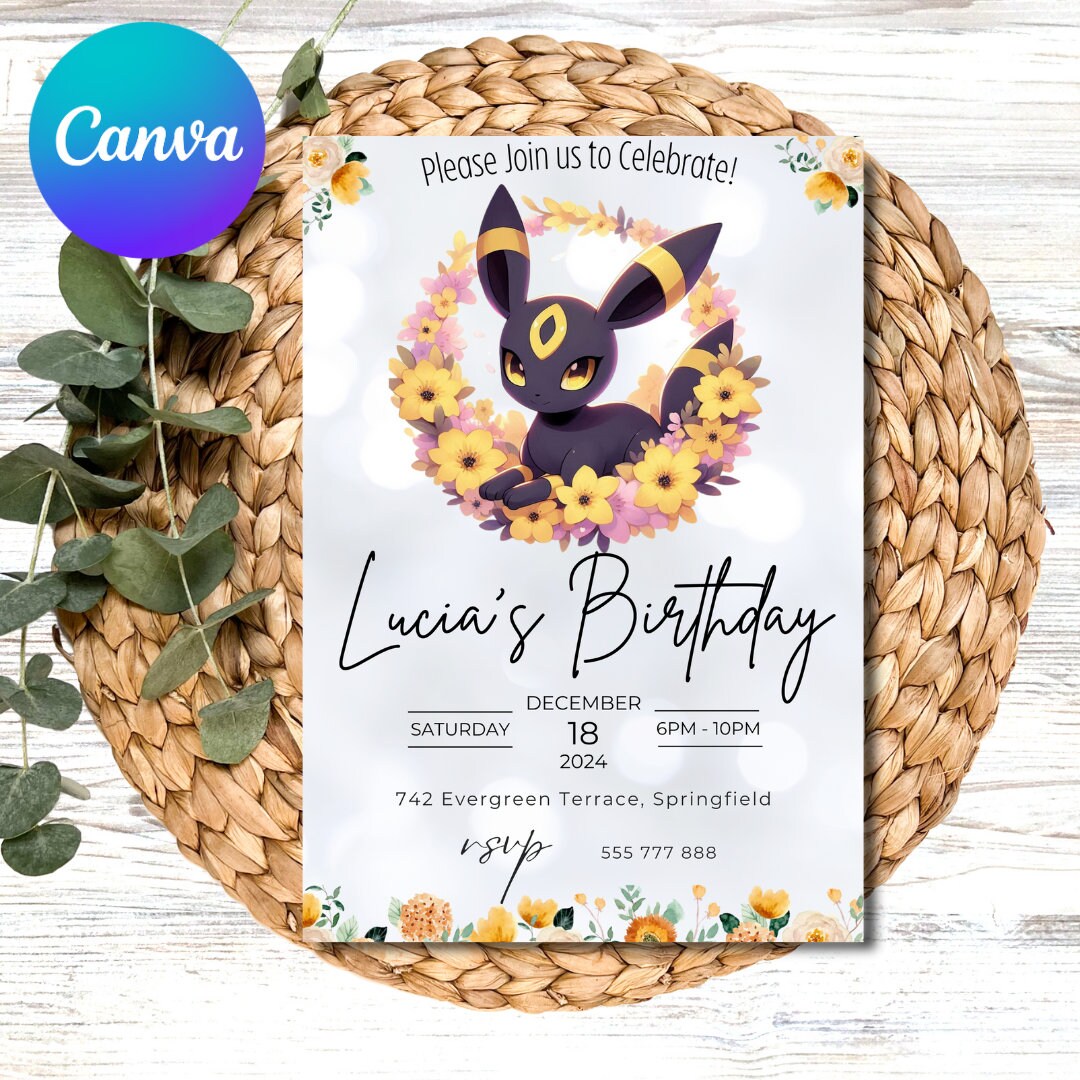 Editable Umbreon Invitation Editable Canva Template Floral Pokemon ...