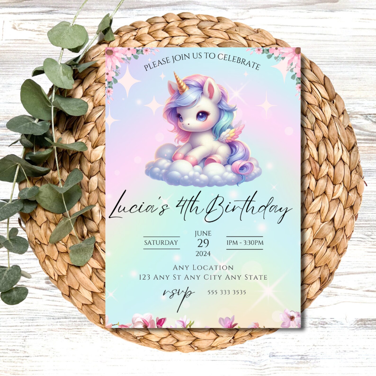 Editable Unicorn Invitation Template, Unicorn Birthday Party, Canva ...