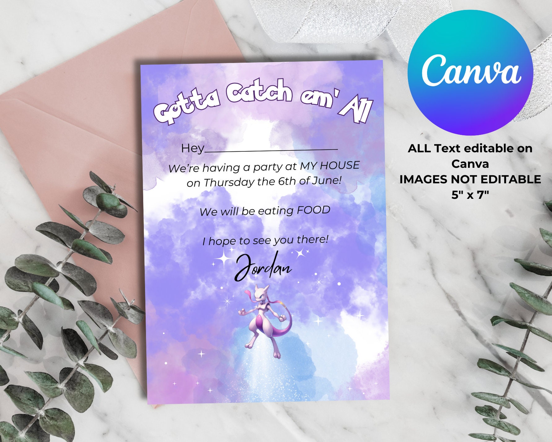 Mewtwo Invitation, Canva Template, Pokemon Party, 5x7 Instant Digital ...