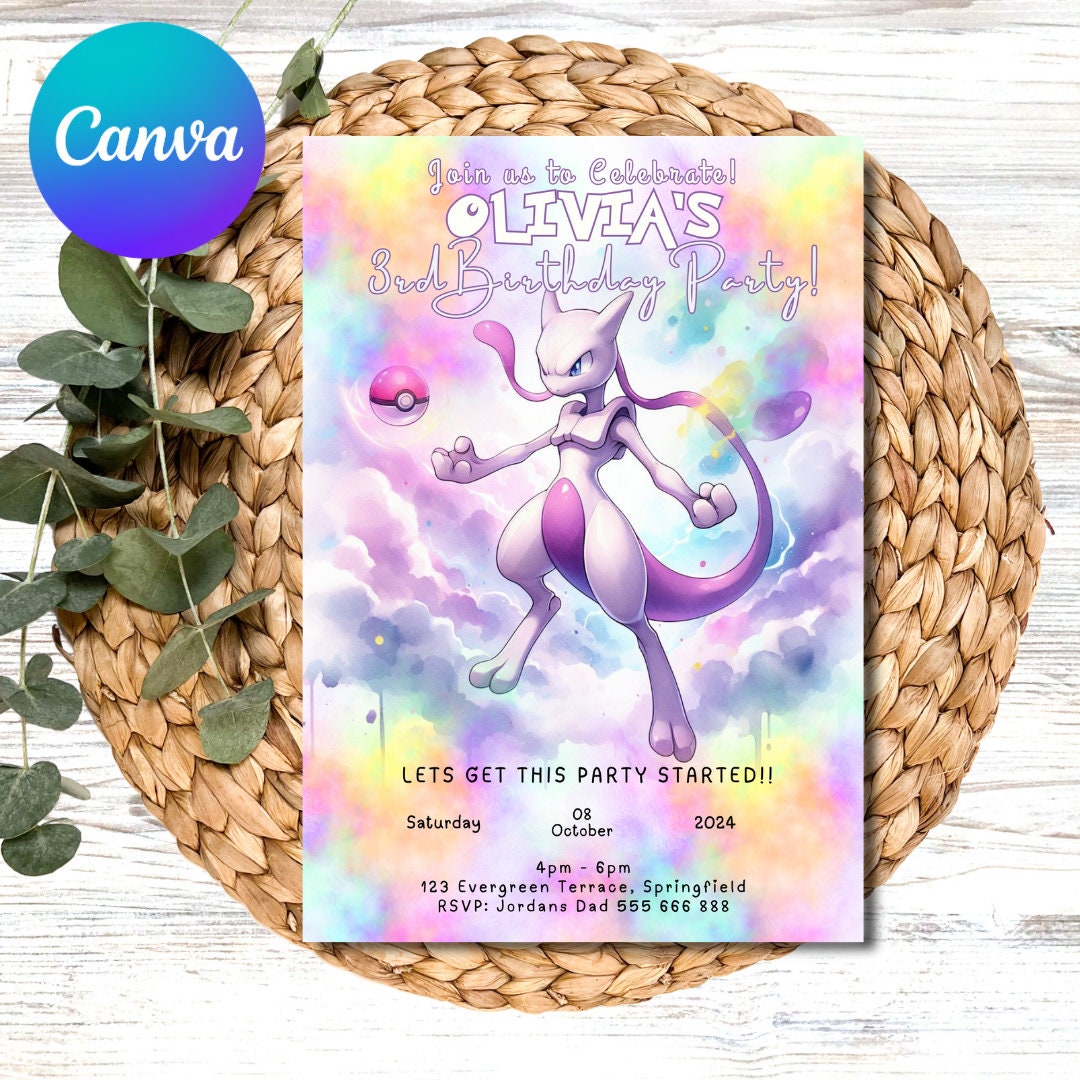 Mewtwo Invitation Rainbow, Canva Template, Digital Download, Pokemon ...