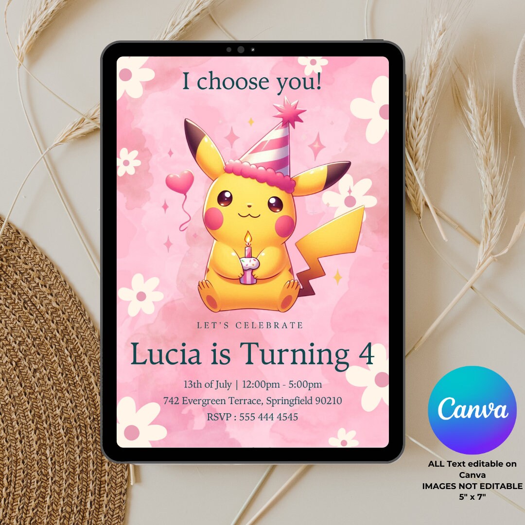 Pikachu Invitation, Canva Template, Editable Invite, Girl Pokemon Girl ...