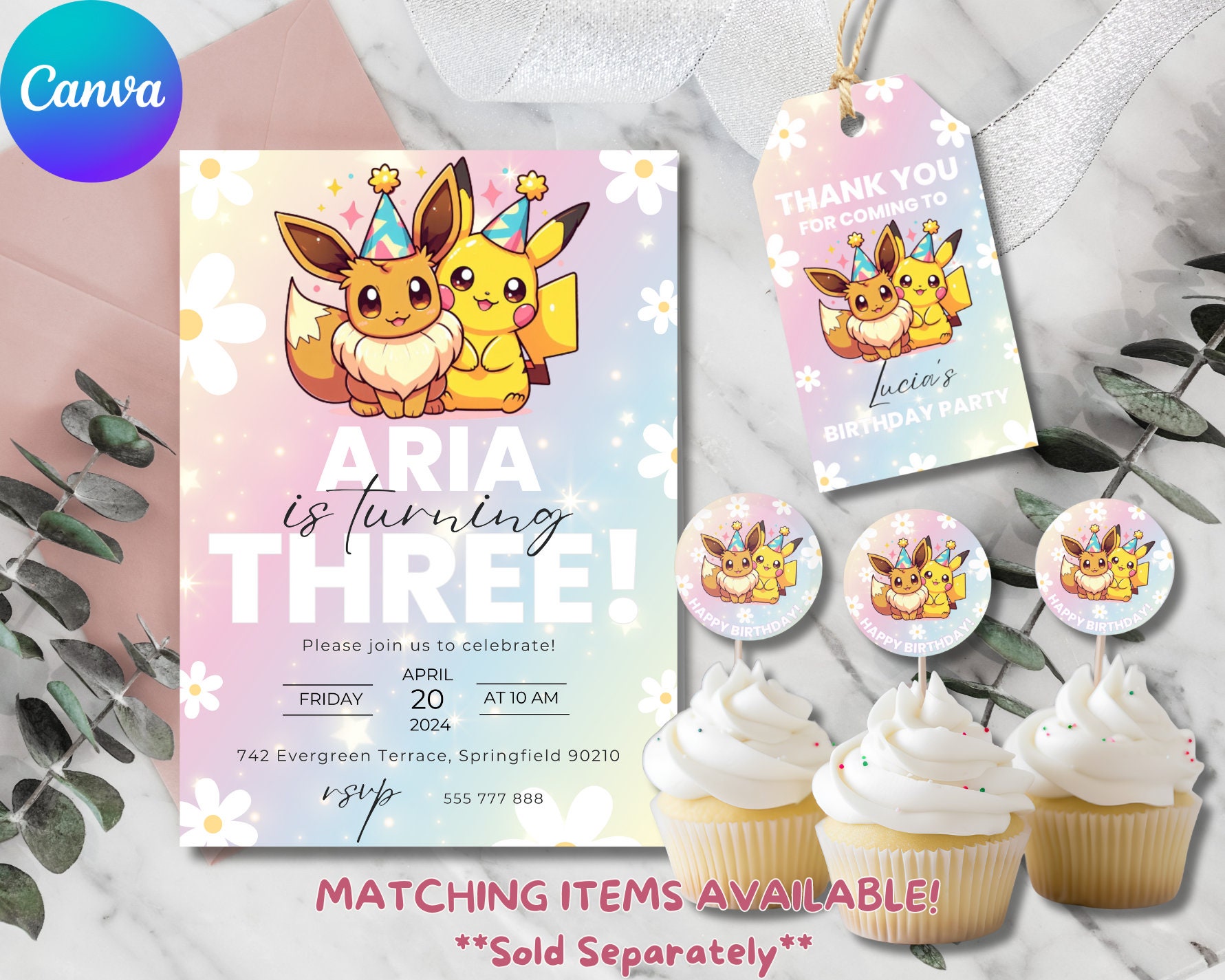 Editable Eevee and Pikachu Thank You Tags, Pokémon Party Favours, Thank ...
