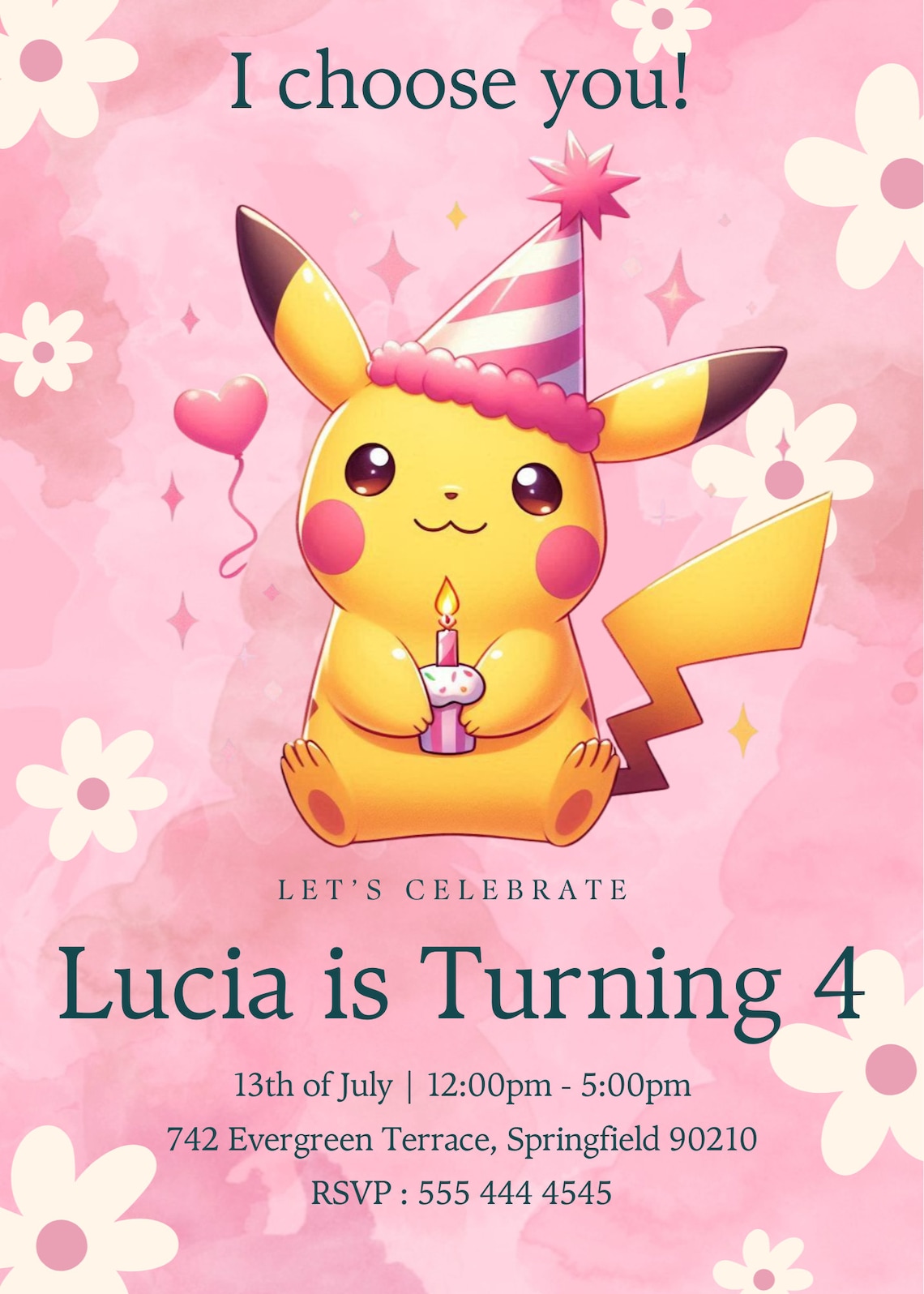 Pikachu Invitation, Canva Template, Editable Invite, Girl Pokemon Girl ...