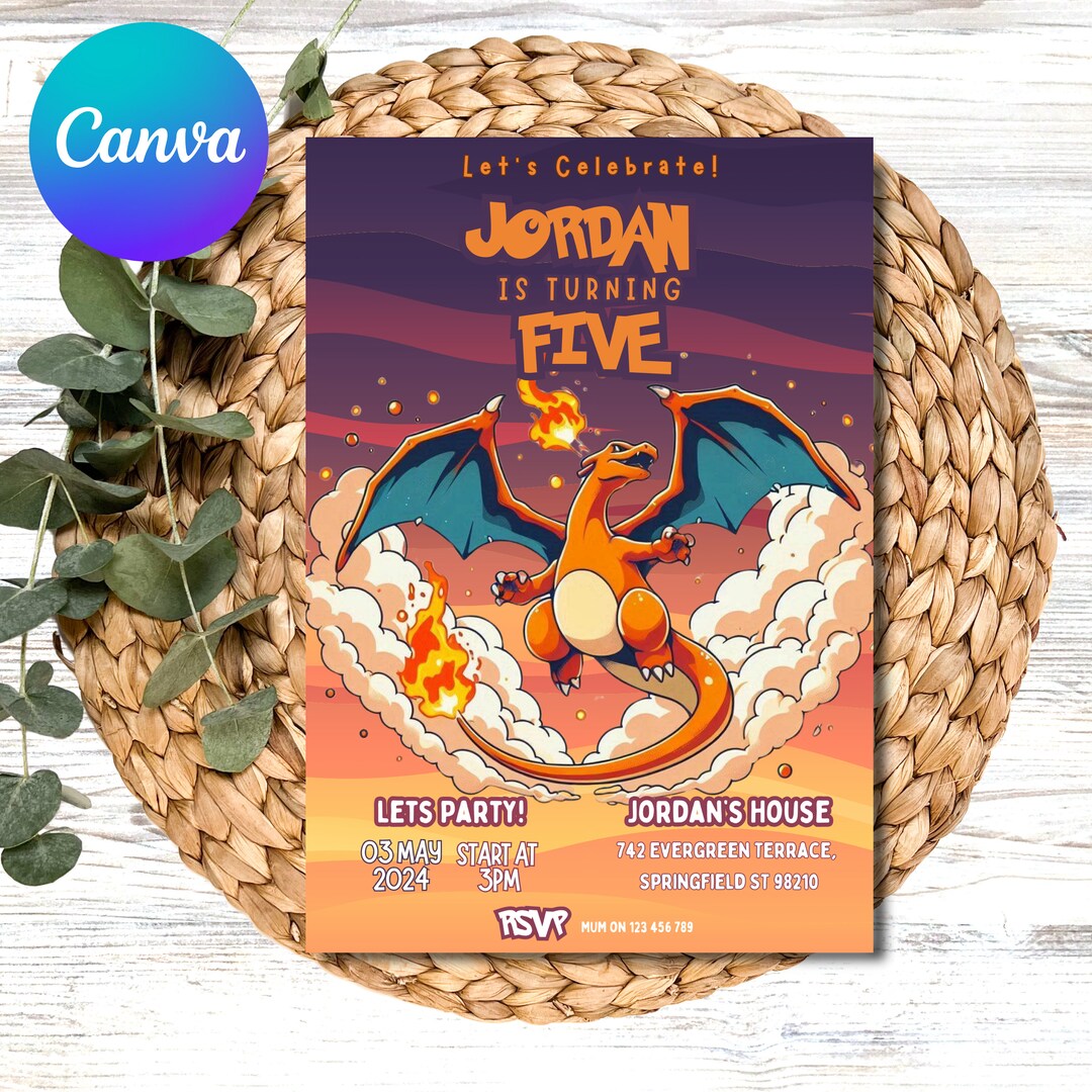 Invitación EDITABLE de Charizard, Pokémon personalizado, Invitación 5 x ...