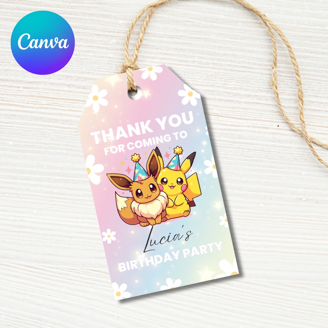 Editable Eevee and Pikachu Thank You Tags, Pokémon Party Favours, Thank ...