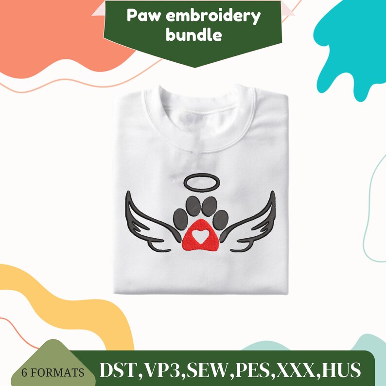 Dog Paw Embroidery Design, Angel Wings Dog Paw Embroidery, Paw Print ...
