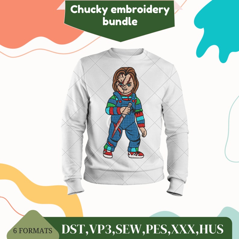Horror Doll Chucky Embroidery Design, Killer Chucky Embroidery, Knives ...