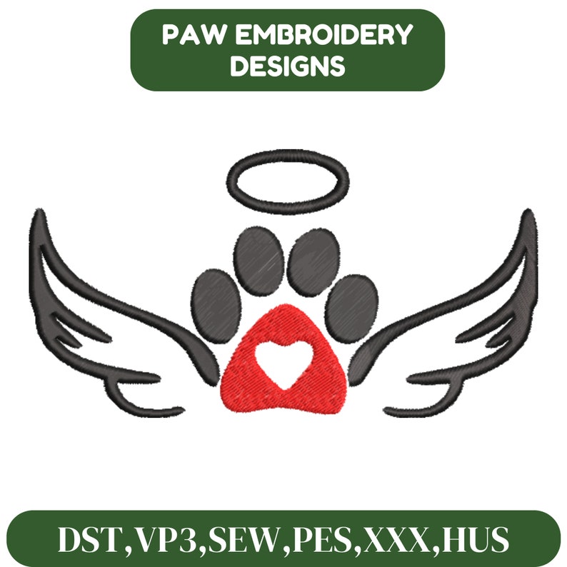 Dog Paw Embroidery Design, Angel Wings Dog Paw Embroidery, Paw Print ...