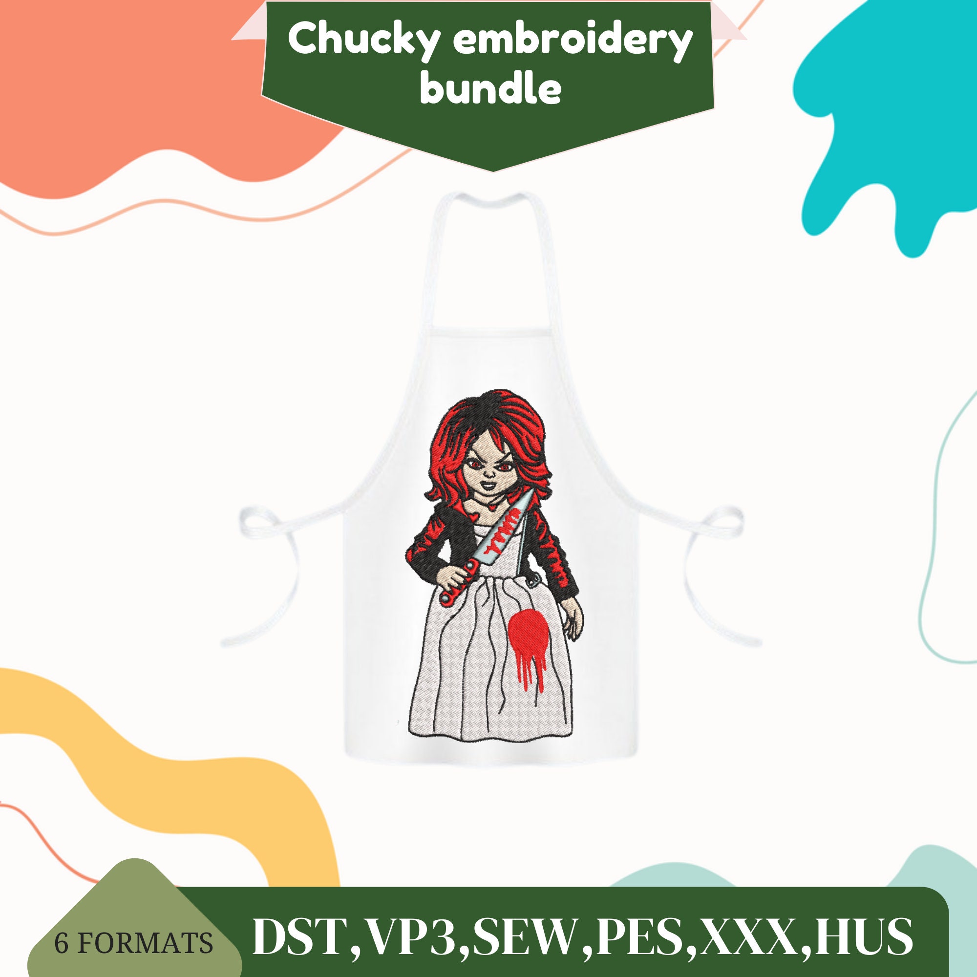 Horror Doll Chucky Embroidery Design, Killer Chucky Embroidery, Knives ...