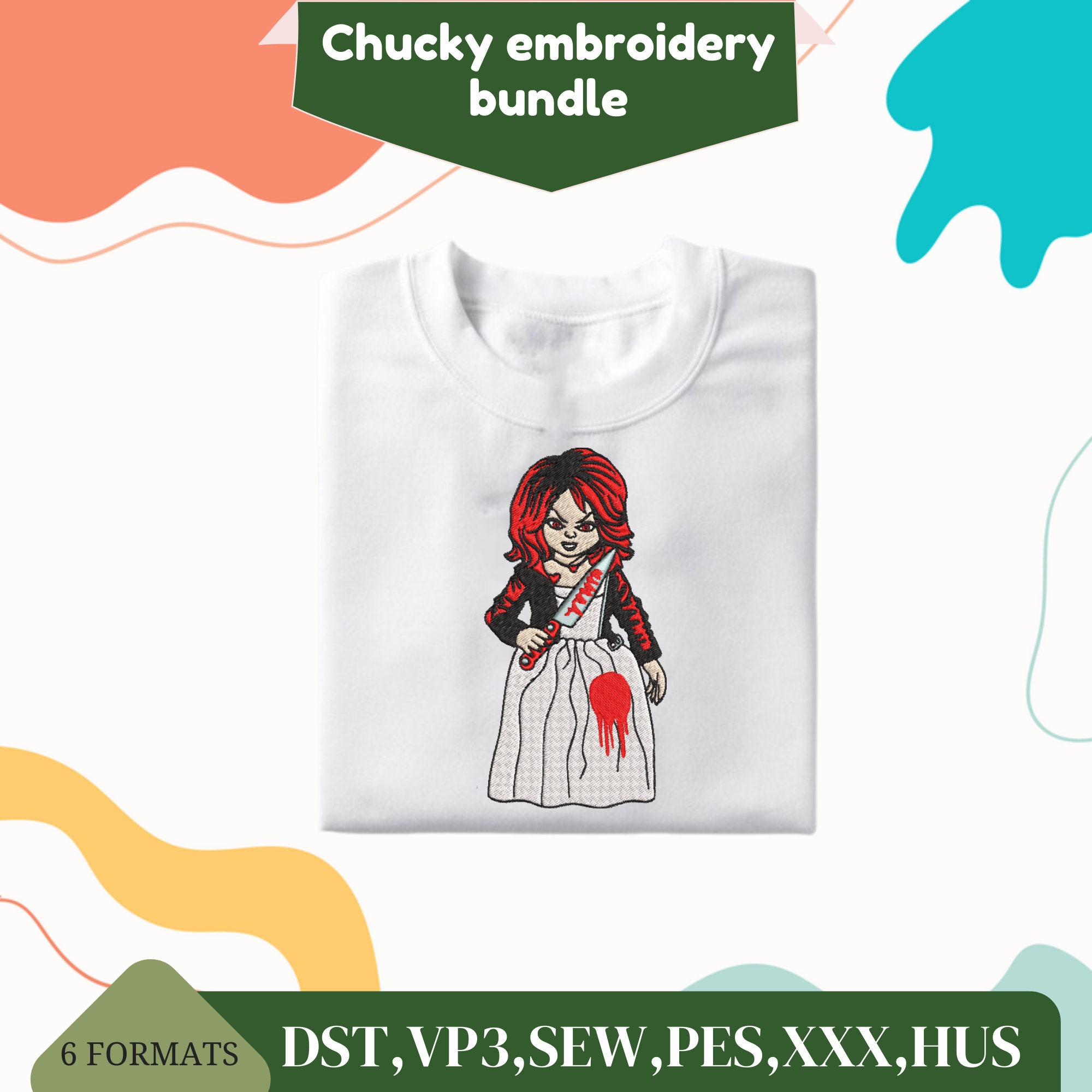 Horror Doll Chucky Embroidery Design, Killer Chucky Embroidery, Knives ...
