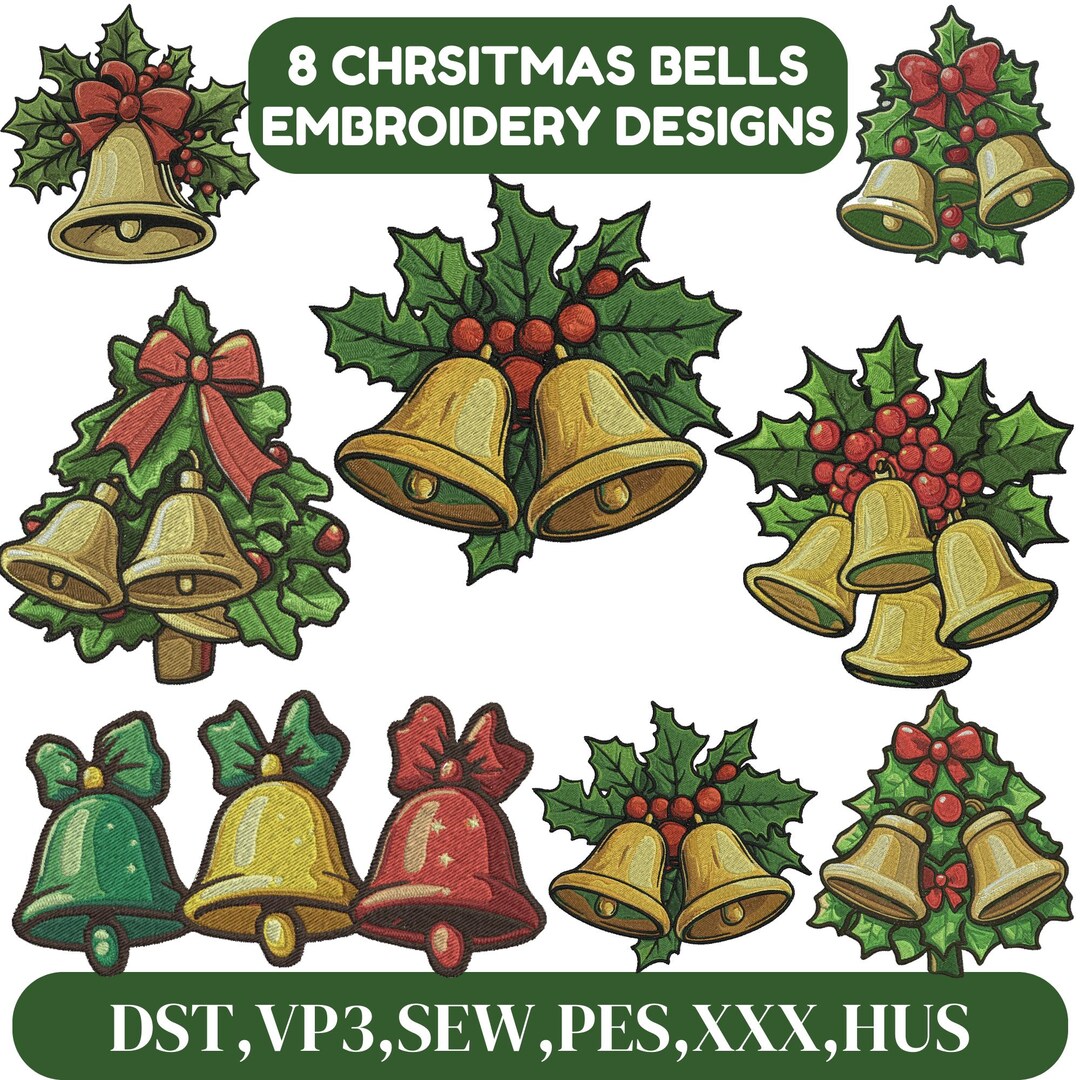 Christmas Bells Embroidery Design, Bell Embroidery, Christmas Holly ...