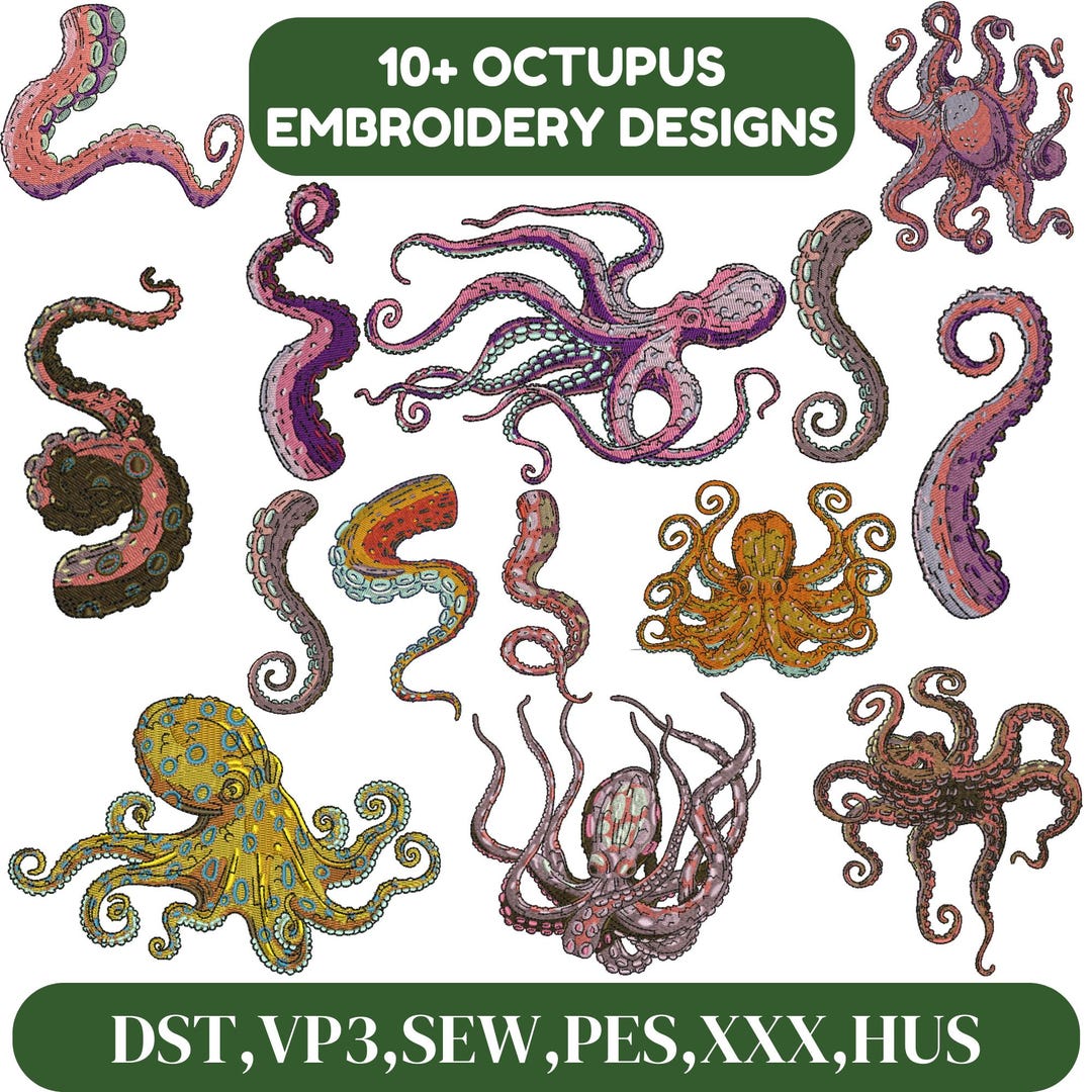 Octopus Embroidery Design, Intricate Octopus Embroidery, Octopus Mini ...