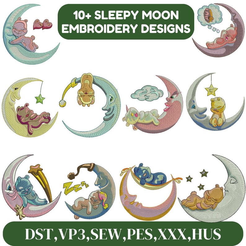 Moon Embroidery Design Sleepy Moon Embroidery Floral Moon Embroidery ...