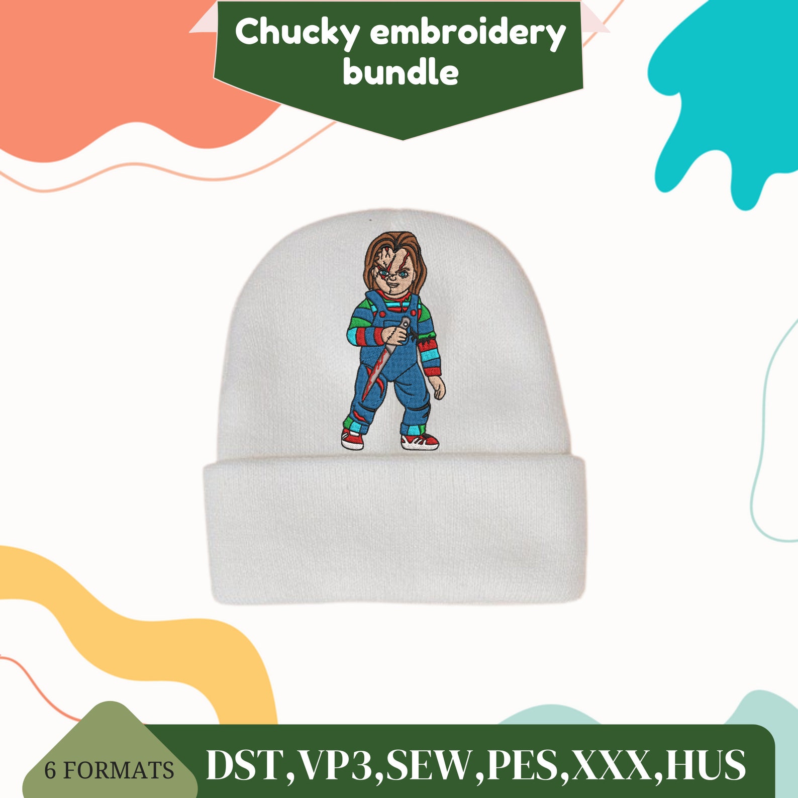 Horror Doll Chucky Embroidery Design, Killer Chucky Embroidery, Knives ...
