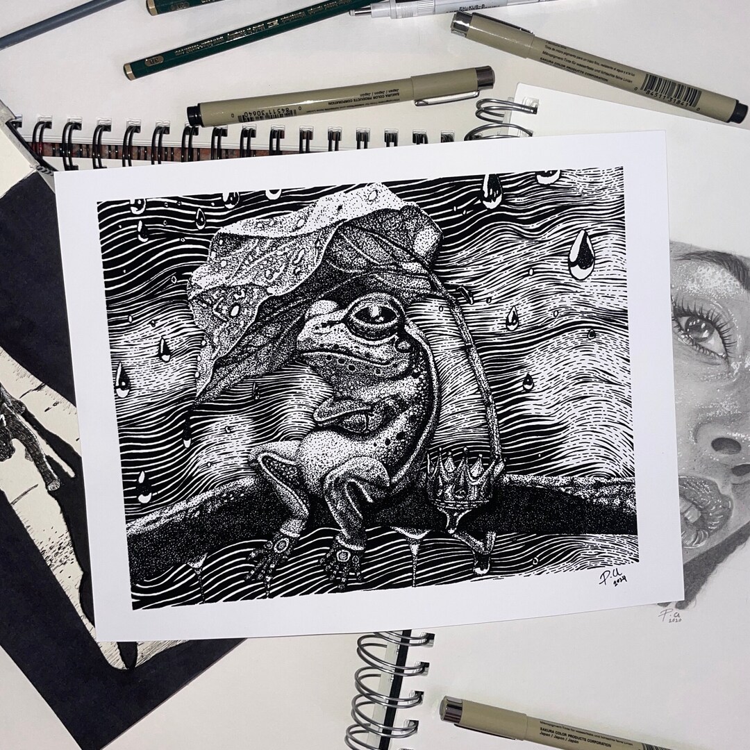 Frog Pointillism 8x10 / 5x7 / 11x14 PRINT, Fineline Rainy Pen Drawing ...