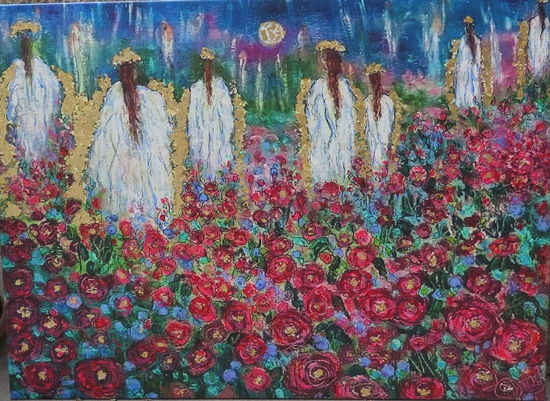 Large Canvas Print of Angels in Rose Garden Angel Print With Moon Large ...