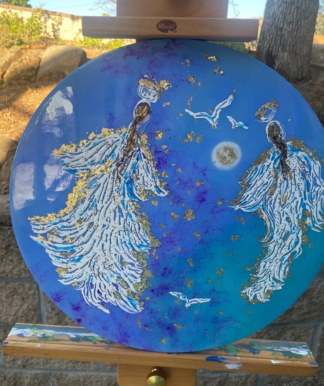 Ethereal Angel Wall Decor Blue Gold Circular Art Inspirational Bedroom ...