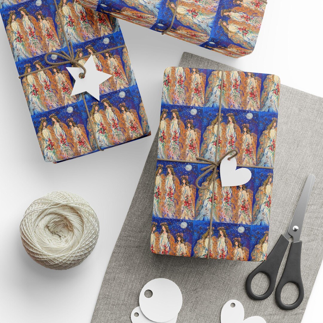Gift Wrapping Paper Angels Blue Moonlight With Flowers Red Blue Present ...