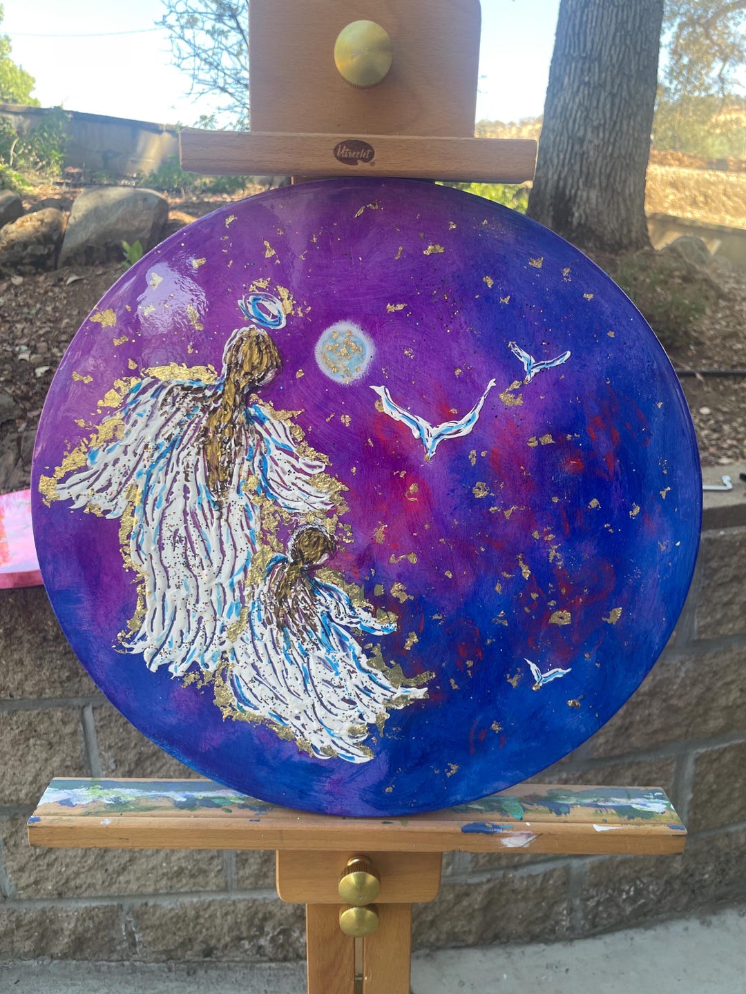 Gold Leaf Angel Painting: 16" Circular Spiritual Wall Art - Etsy